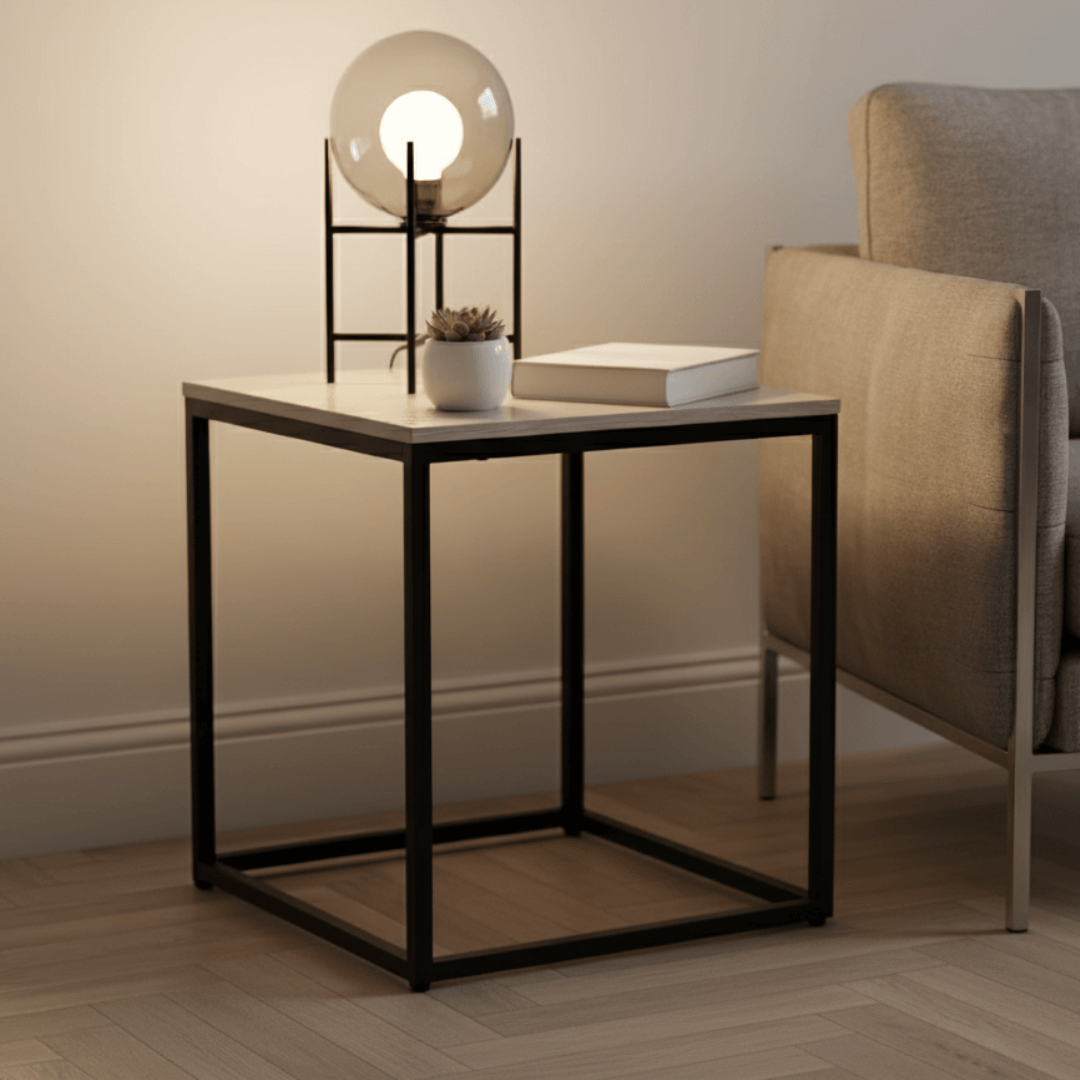 Side Table - Ravenna Black Metal Wooden Top Side Lamp Table – VANITY LIVING