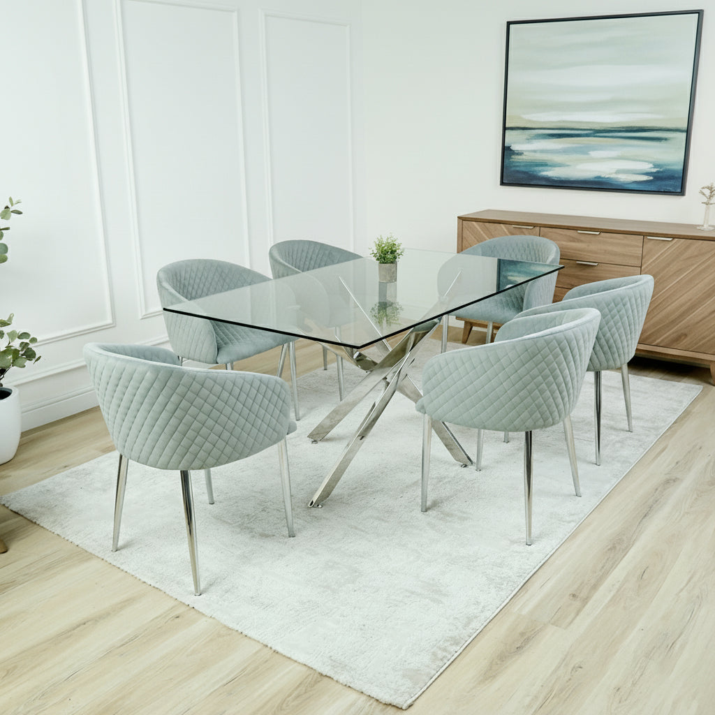 Buy 6 Seater Glass Dining Table Set – Davos Chrome Large With Andrea ...