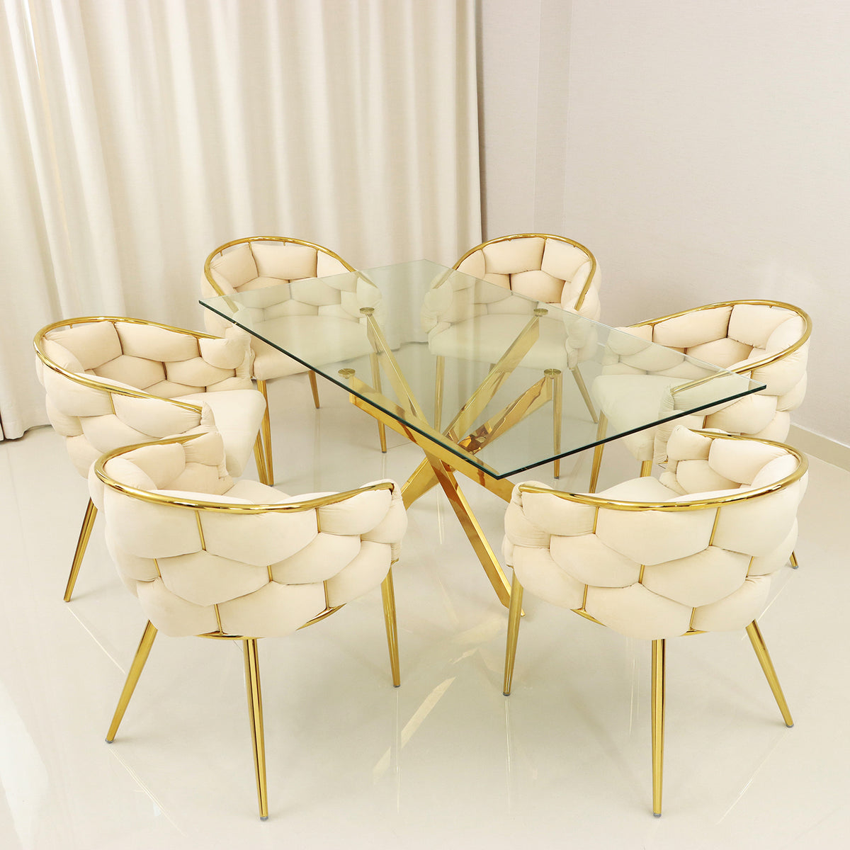 Dining Table Set 6 Seater - Davos Gold Large With Sortino Cream Chairs ...