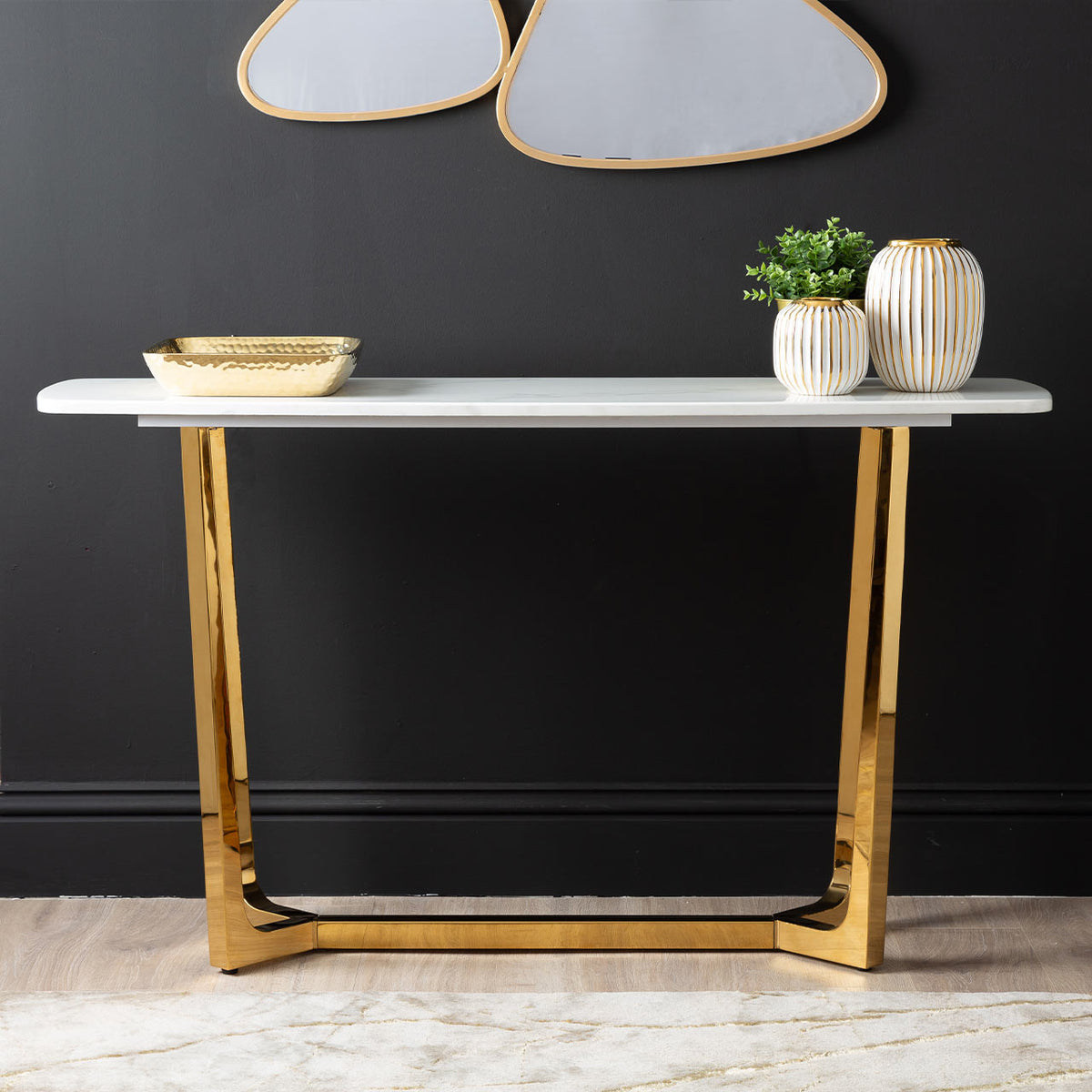 Capella Large White Marble Console Table with Gold Stainless Steel Legs ...