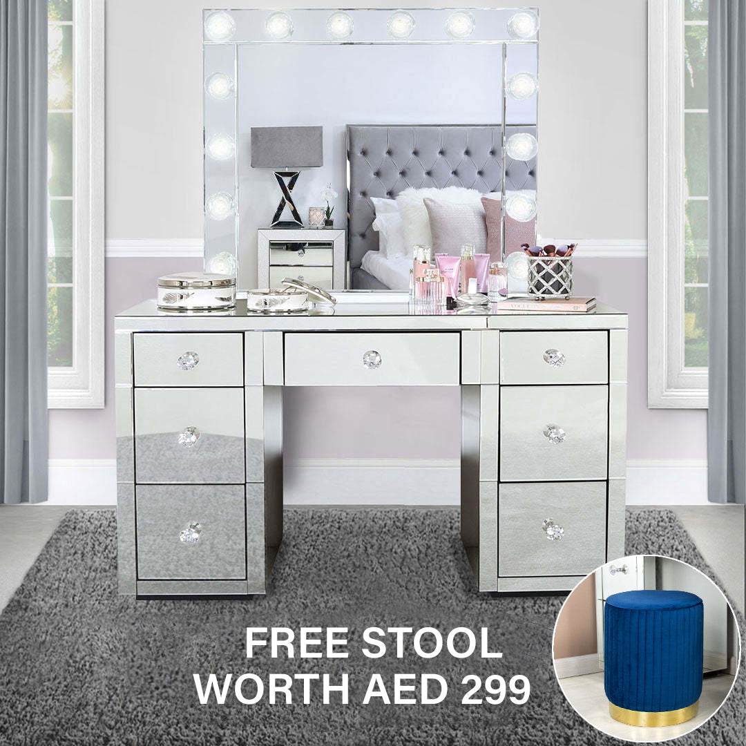 Palma Dressing Table + XL Landscape Vanity Mirror with Dimmable Lights ...
