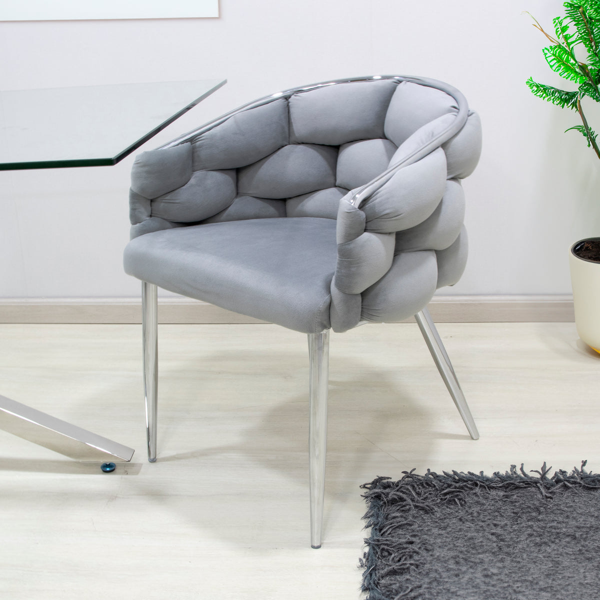 Sortino Grey Velvet Accent Dining Chair with Chrome Legs – VANITY LIVING